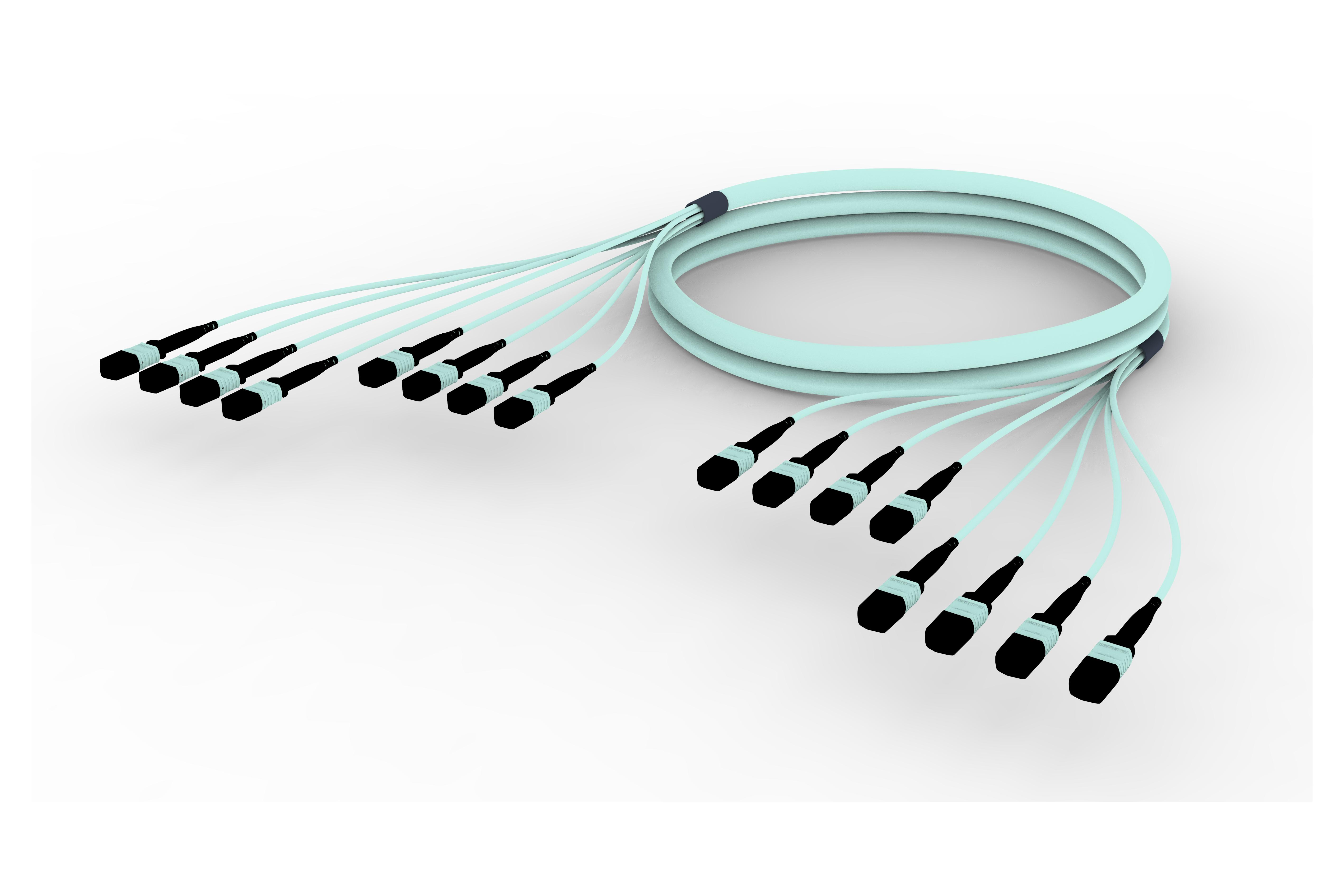 Fiber Trunk Cable Assembly, OM3, 96 ft. lg, Stranded, Fiber, Aqua, MPO ...